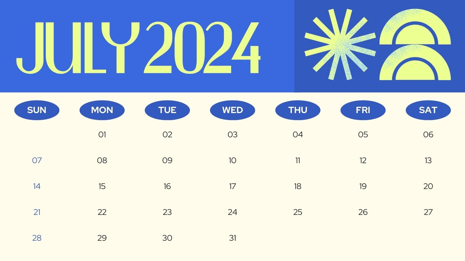 July 2024 Calendar July 2024 Calendar