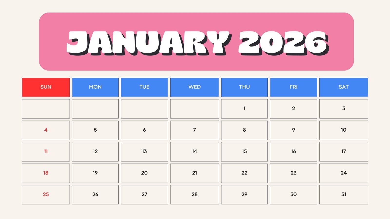 January 2026 Calendar – Free Printable PDF & Word