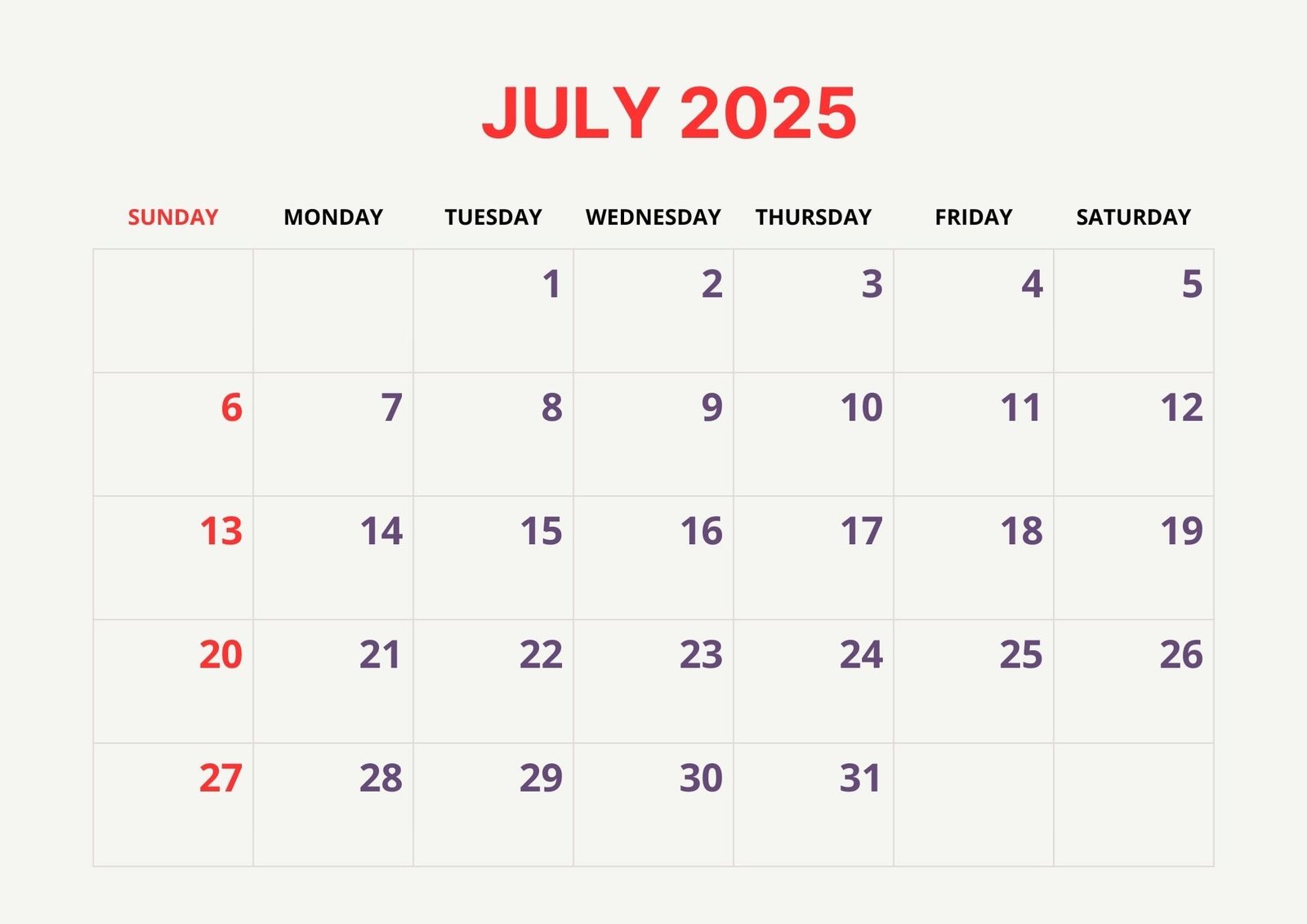 July 2025 Calendar - Printable PDF